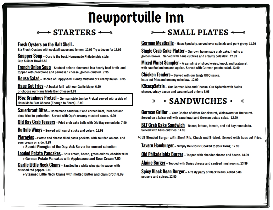 Our Full Menu – Newportville Inn
